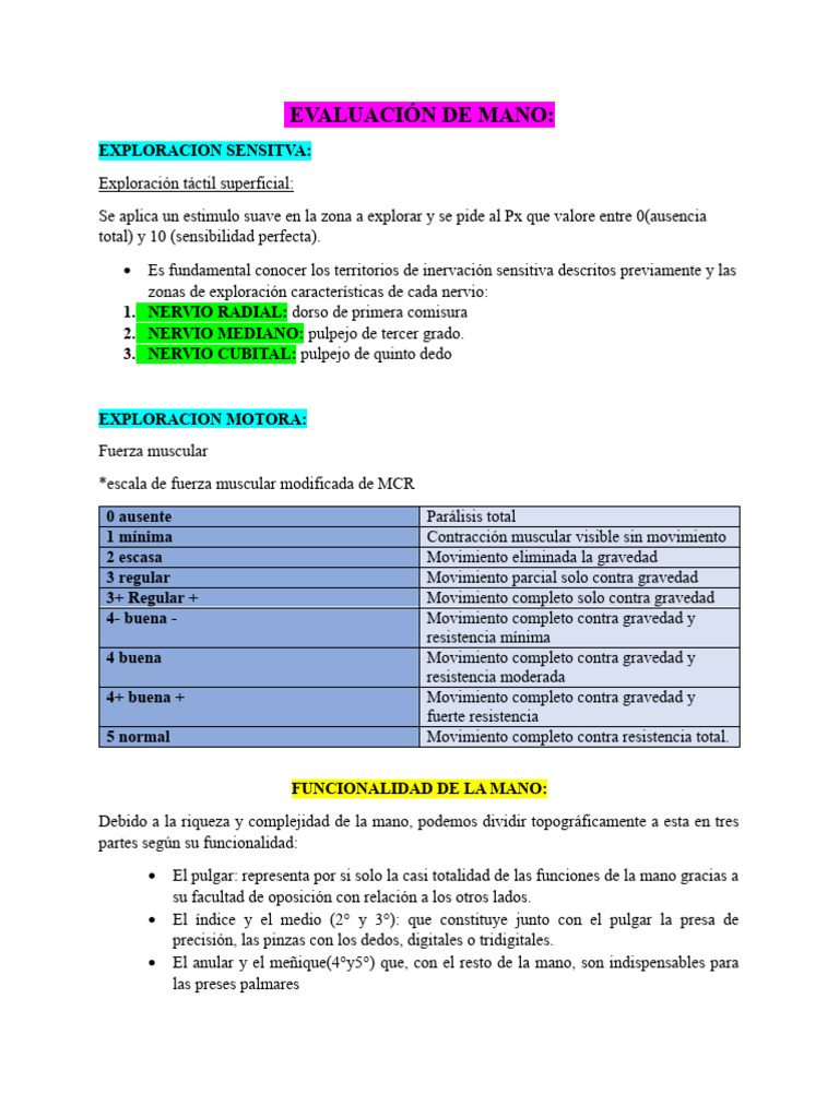 Evaluación de Mano: Sensibilidad y Funcionalidad | PDF | Edema | Mano
