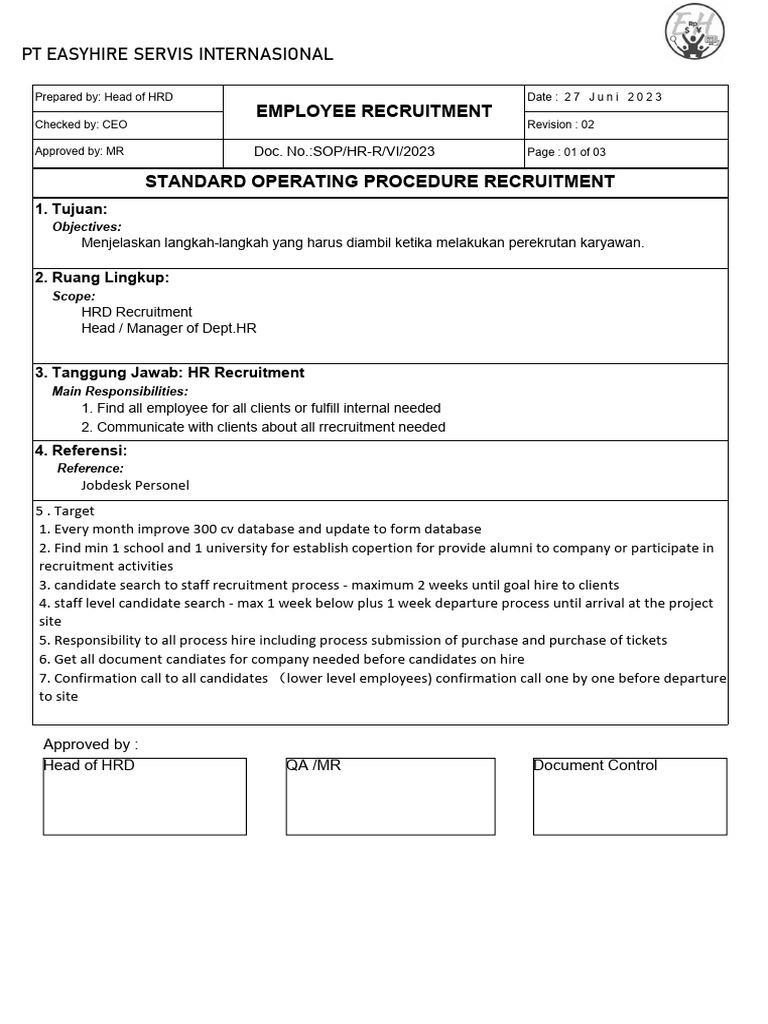 SOP HRD Employee Recruitmennt NEW | PDF