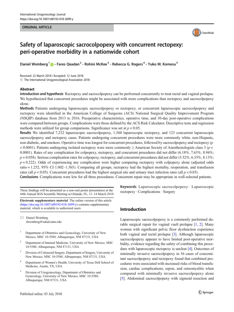 Safety of Laparoscopic Sacrocolpopexy With Concurrent Rectopexy: Peri ...