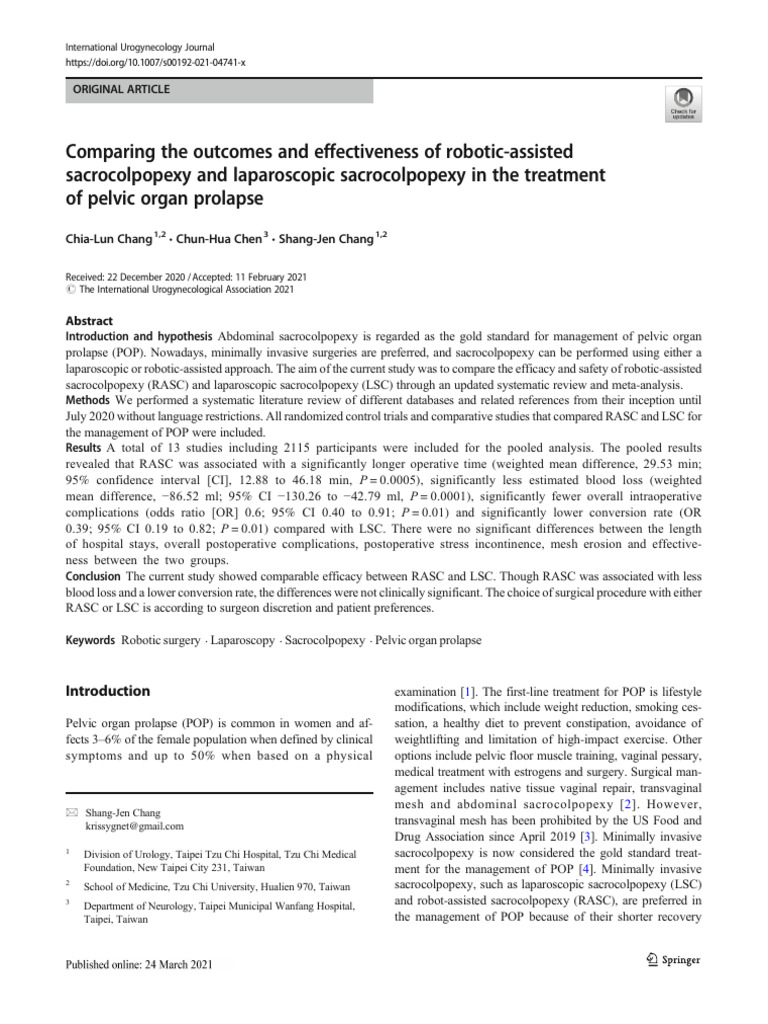 Comparing The Outcomes and Effectiveness of Robotic-Assisted Sacrocolpopexy and Laparoscopic ...