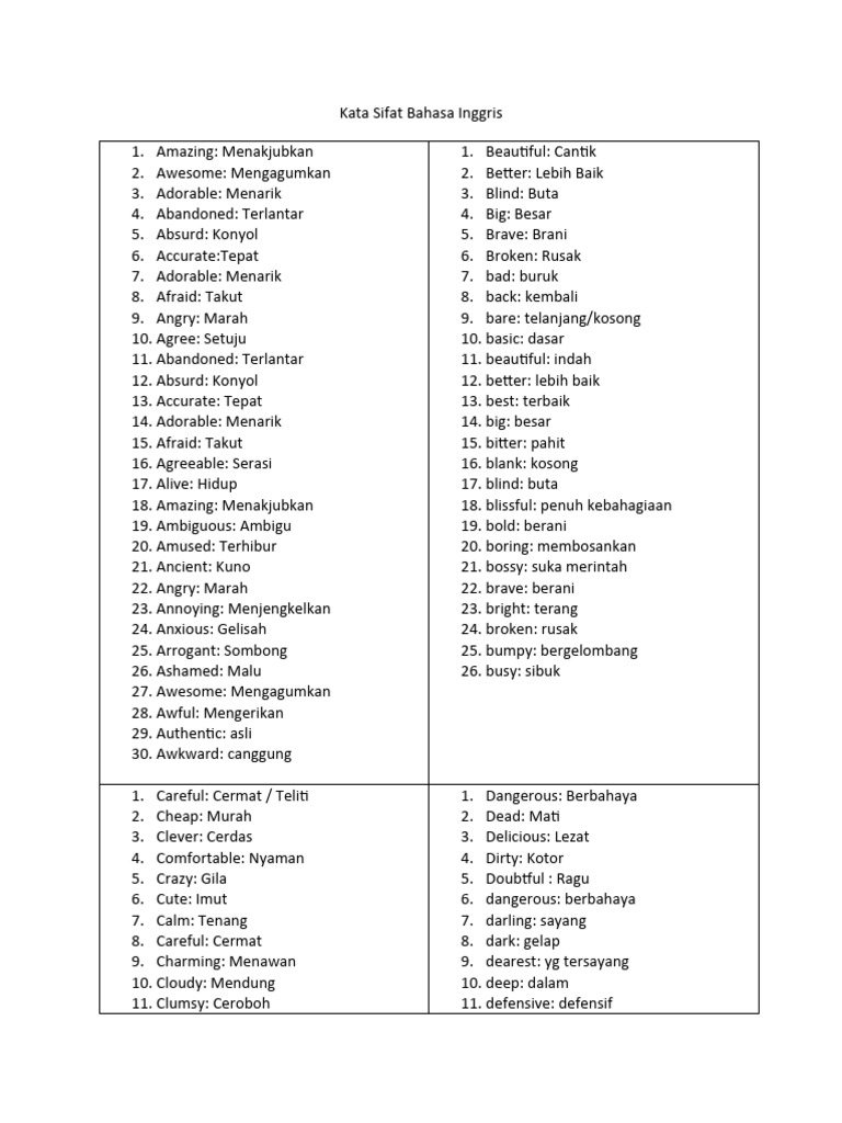 Kata Sifat Bahasa Inggris | PDF