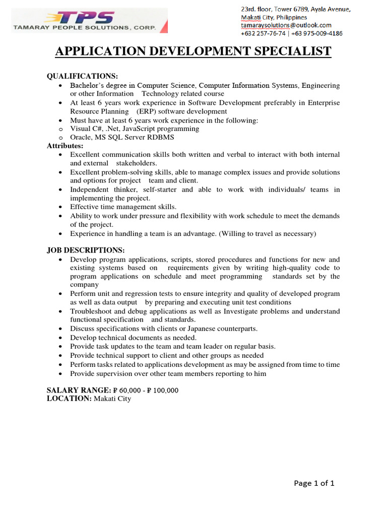 TPS JD Application Development Specialist | PDF | Business | Computers