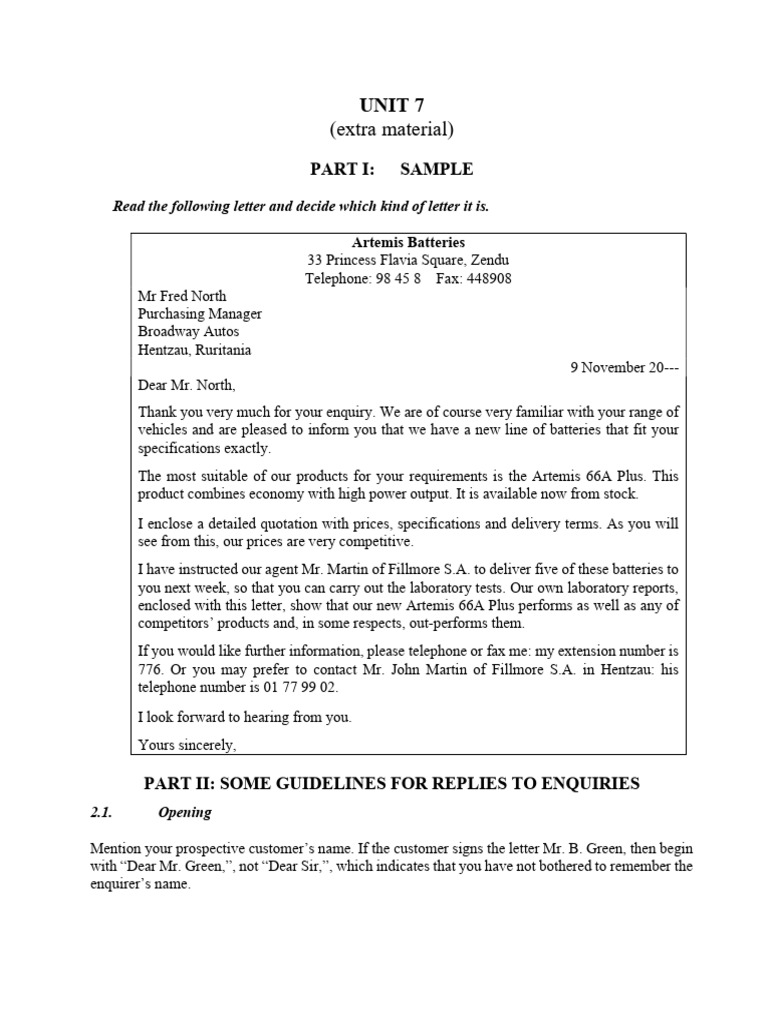 10 Unit 7 - Extra - Replies To Enquires | PDF