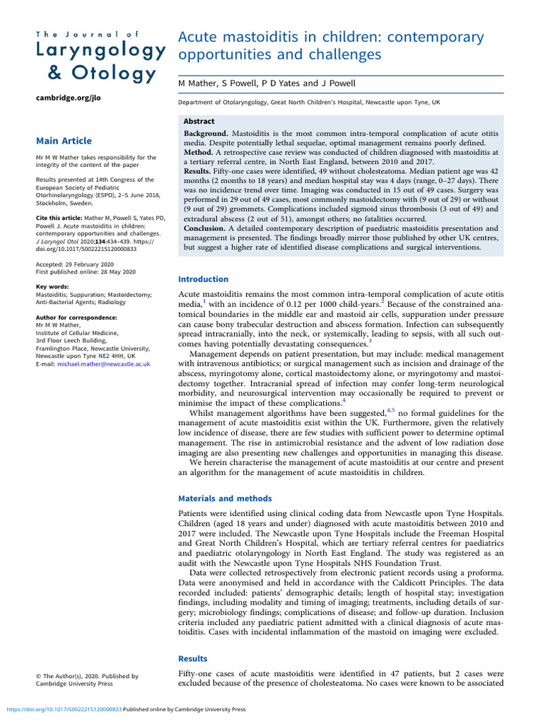 Acute Mastoiditis in Children Contemporary Opportunities and Challenges ...