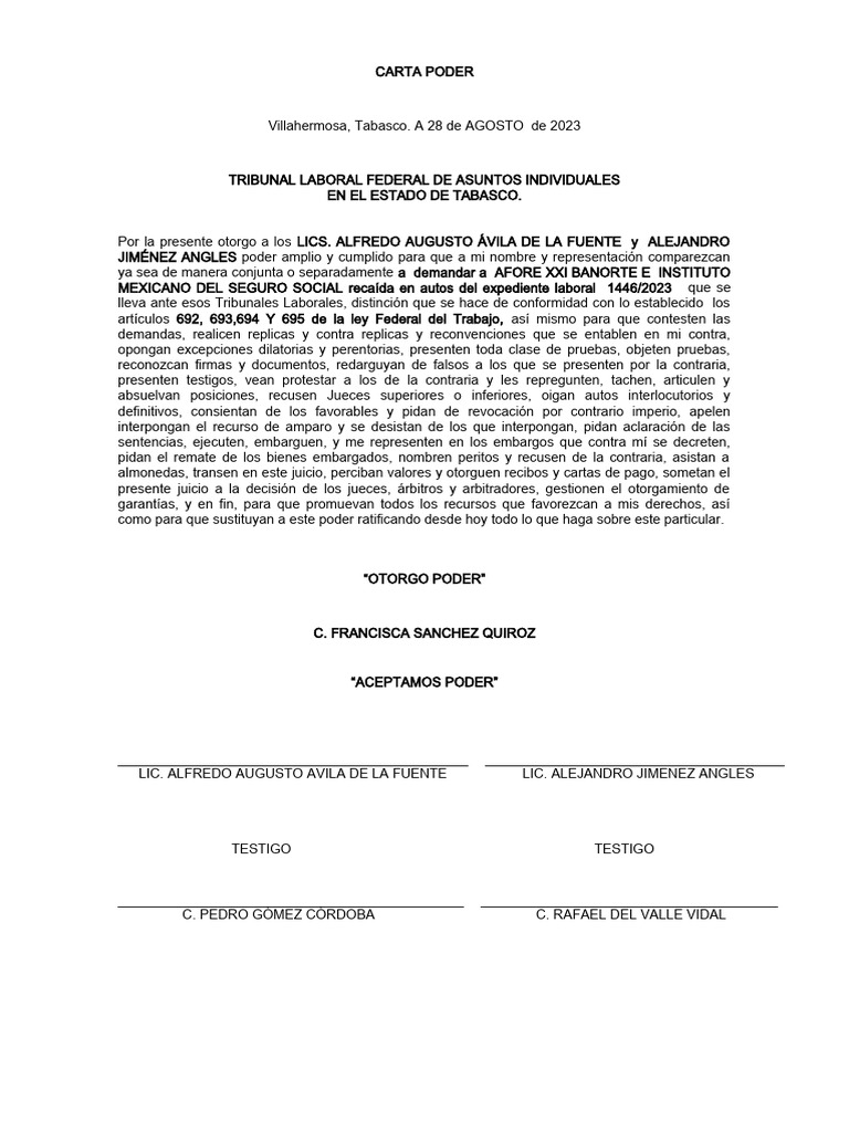 Carta Poder Francisca Sanchez Quiroz Vs Afore Xxi Banorte | Descargar ...