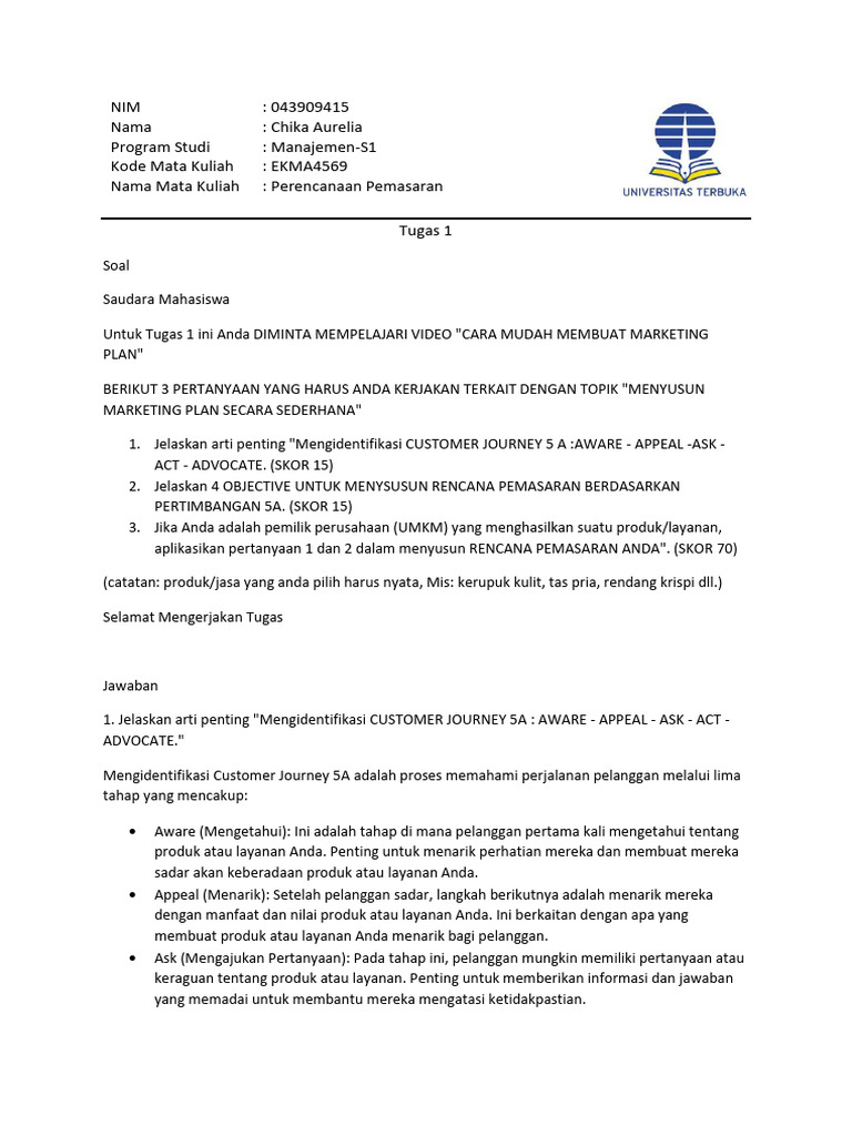 Tugas 1 Perencanaan Pemasaran | PDF | Bisnis