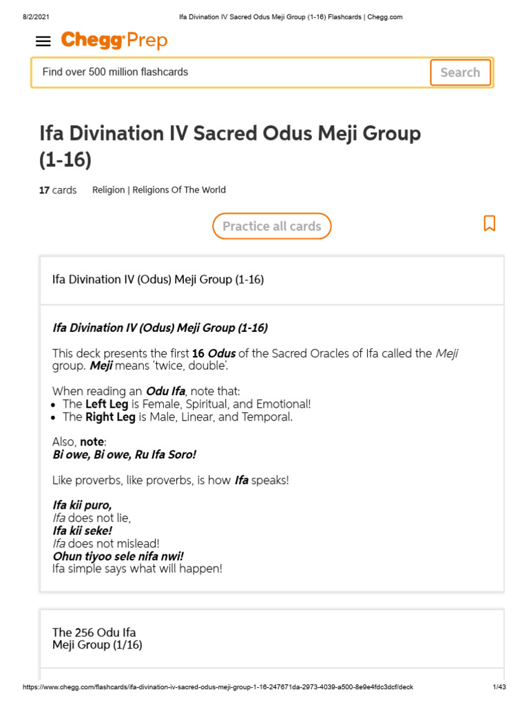Ifa Divination IV Sacred Odus Meji Group (1-16) Flashcards | PDF ...