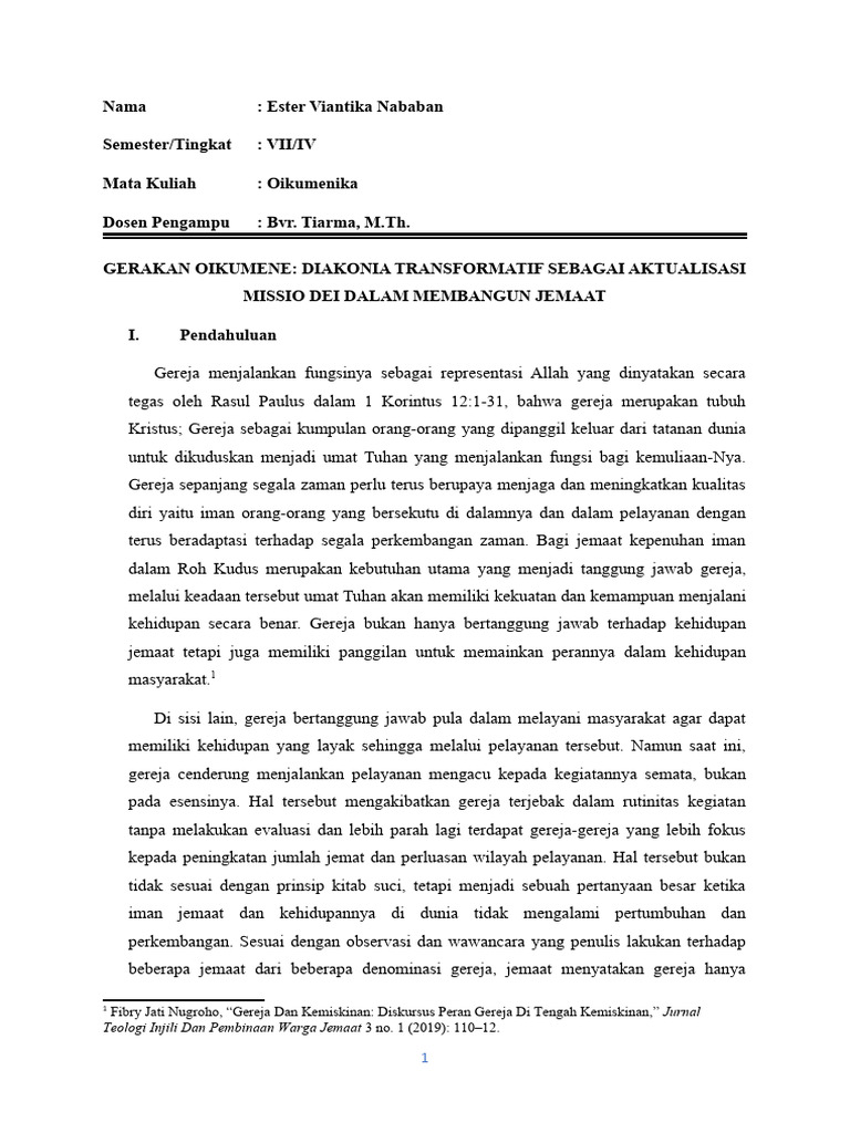 Gerakan Oikumene: Diakonia Transformatif Sebagai Aktualisasi Missio Dei ...