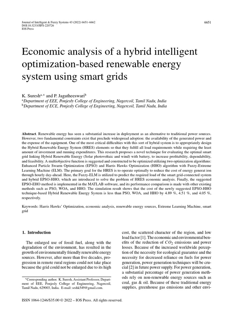 Economic Analysis of A Hybrid Intelligent Optimization-Based Renewable Energy System Using Smart ...