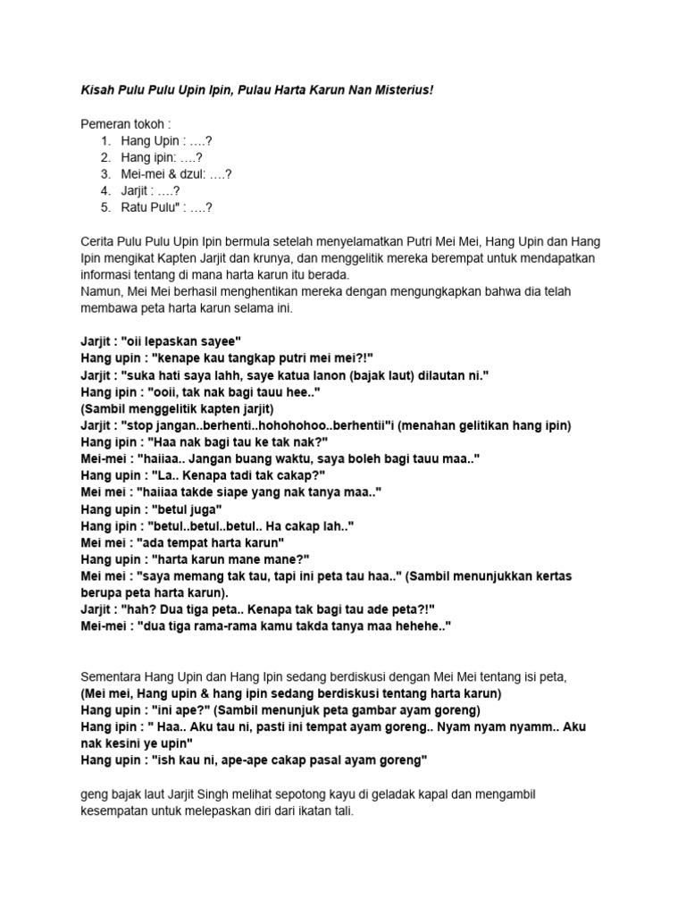 Kisah Pulu Pulu Upin Ipin, Pulau Harta Karun Nan Misterius | PDF