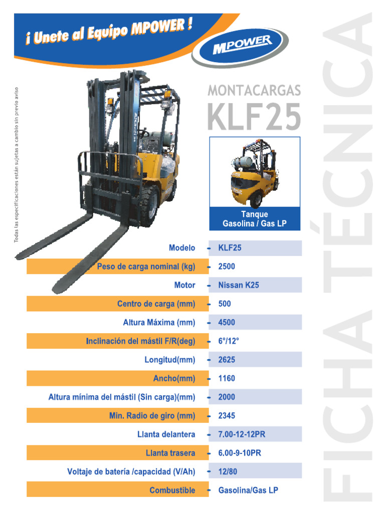 Ficha Tecnica Montacargas Mpower | PDF