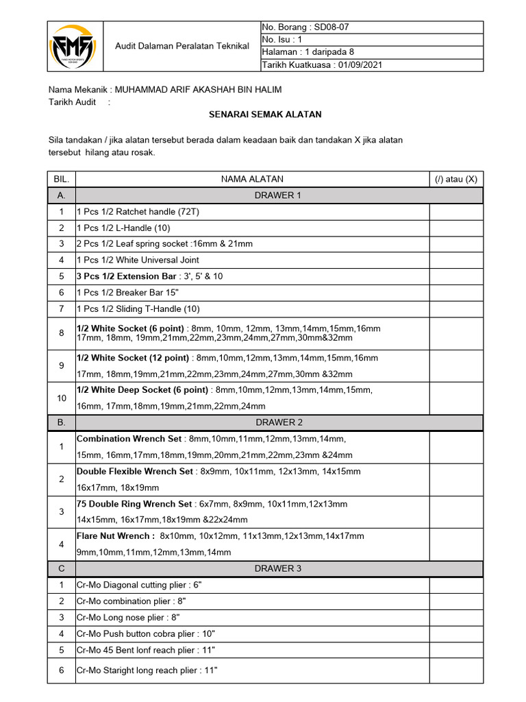 List Tools Mekanik Edited | PDF