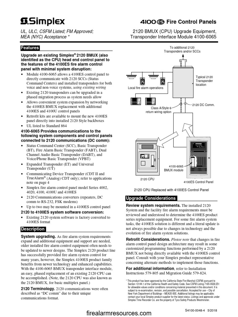 Simplex 4100es Fire Control Panels 2120 Bmux Cpu Upgrade Equipment ...