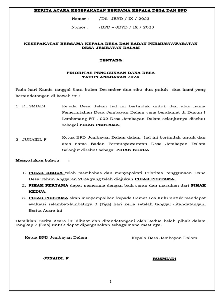 Berita Acara Kesepakatan Bersama Kepala Desa Dan BPD Prioritas DD | PDF