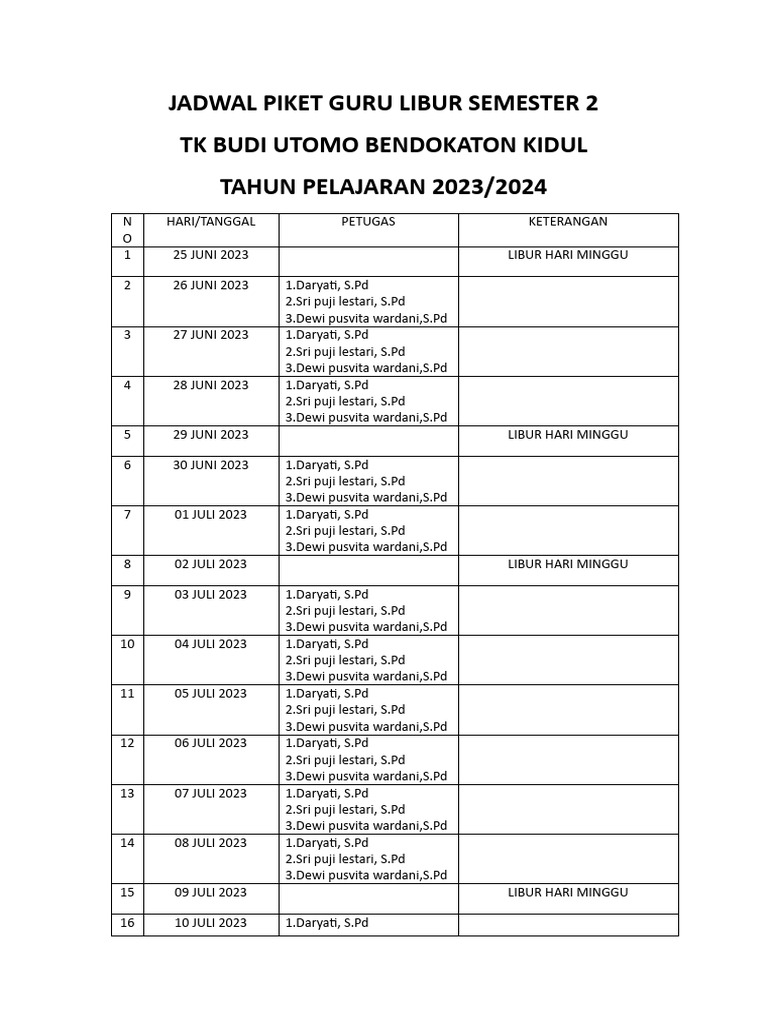 Jadwal Piket Guru Libur Semester 2 | PDF