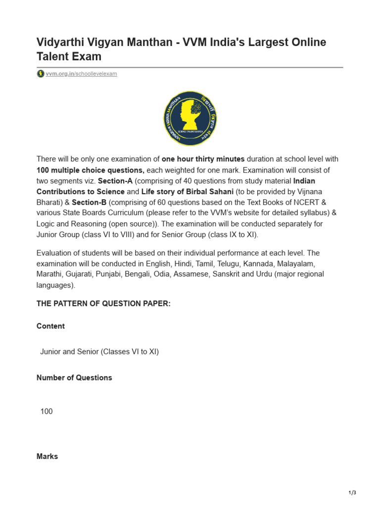 .In-Vidyarthi Vigyan Manthan - VVM Indias Largest Online Talent Exam | PDF