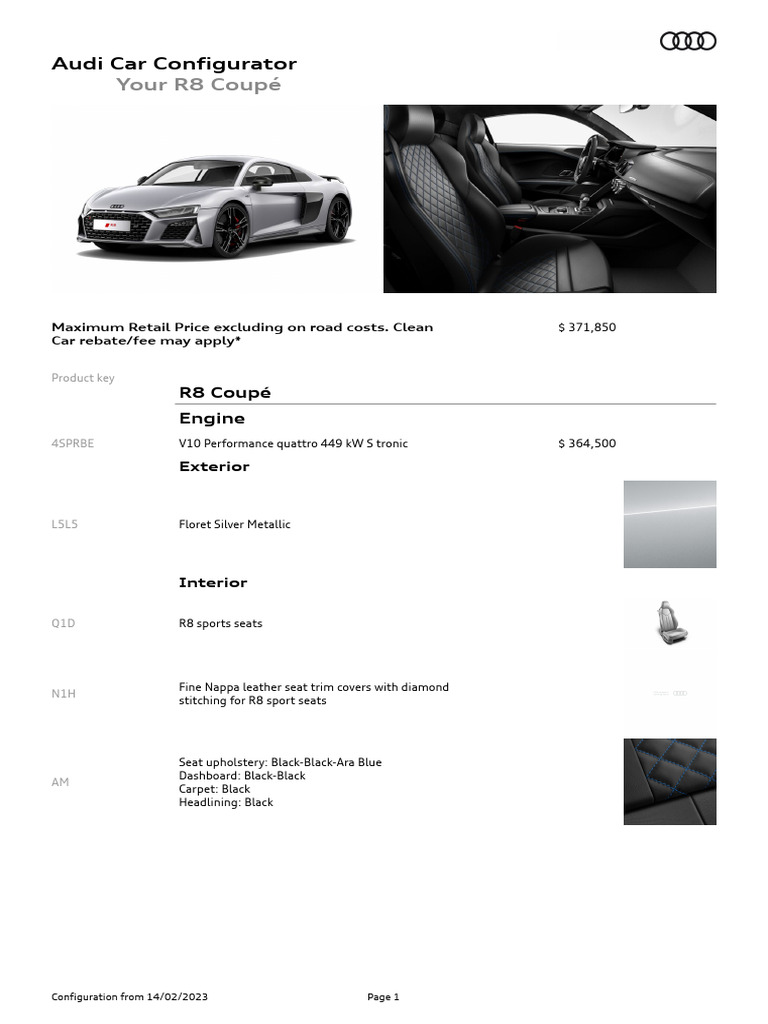 R8 Coupé - V10 Performance Quattro 449 KW S Tronic | PDF | Audi | Car