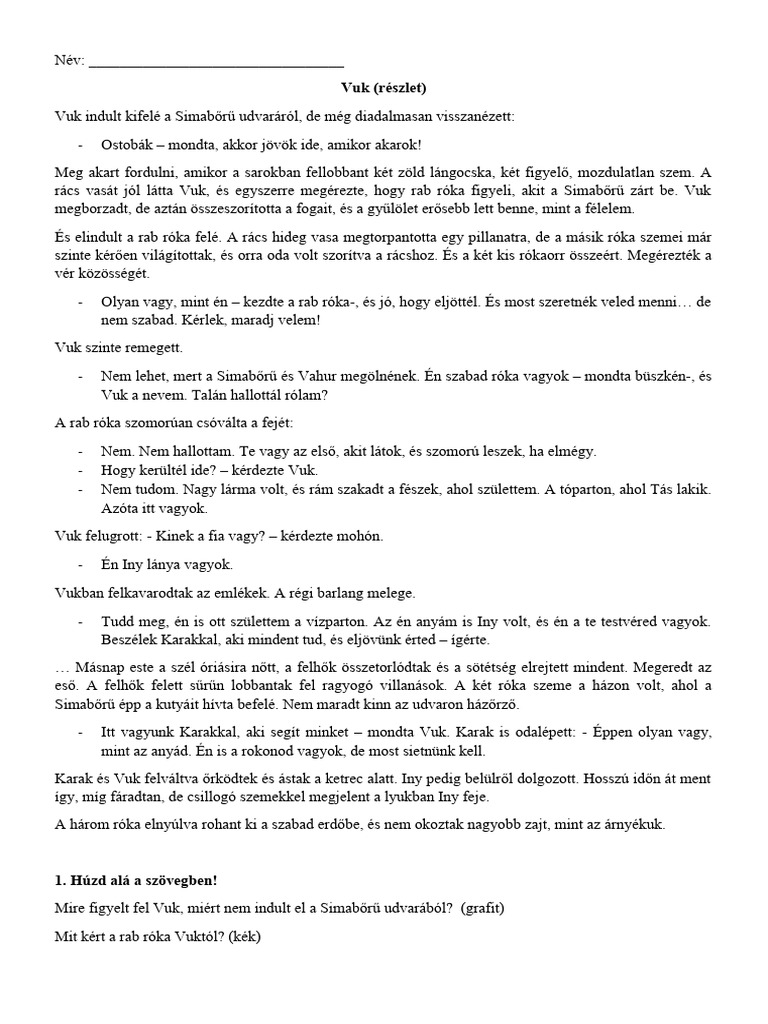 Szövegértés - Vuk Részlet | PDF