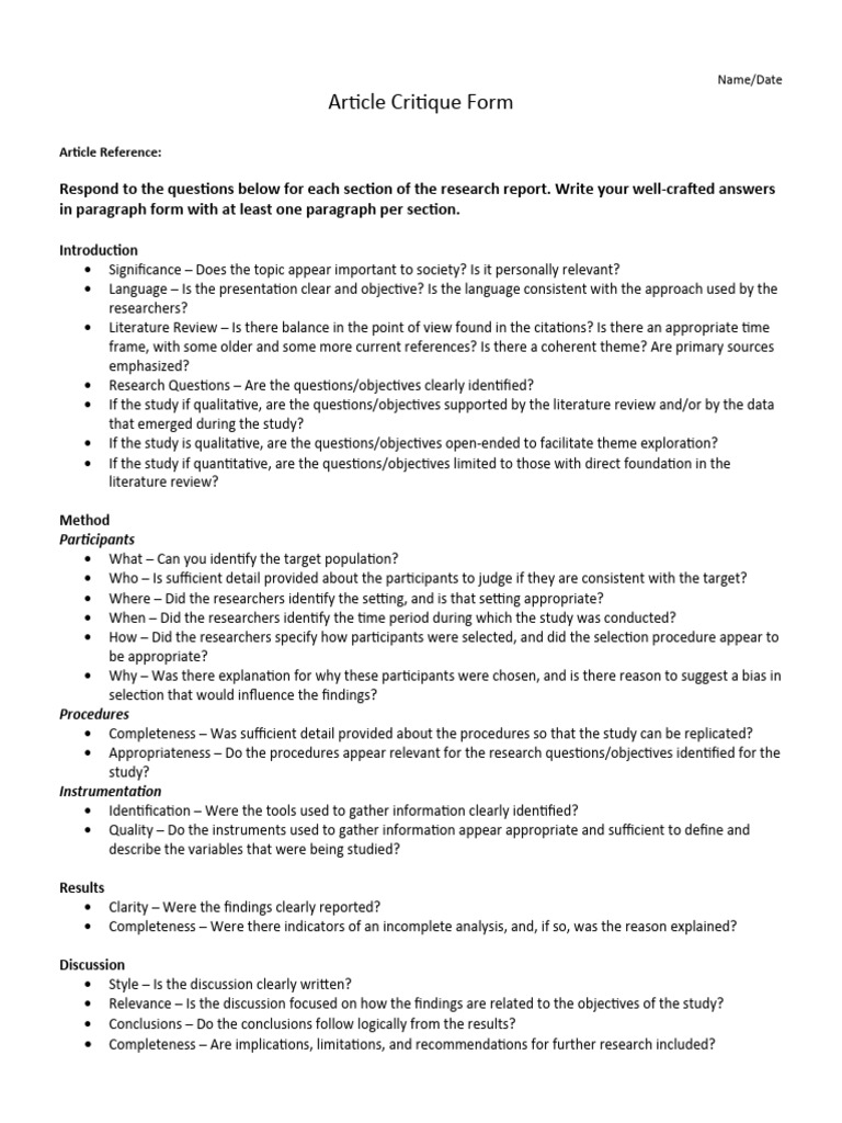 Article Critique Framework Guide | PDF
