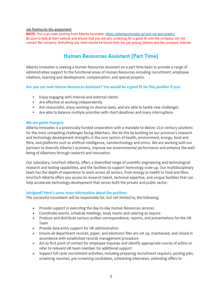 Alberta Innovates Job Posting - Human Resources Assistant (Part Time) | PDF