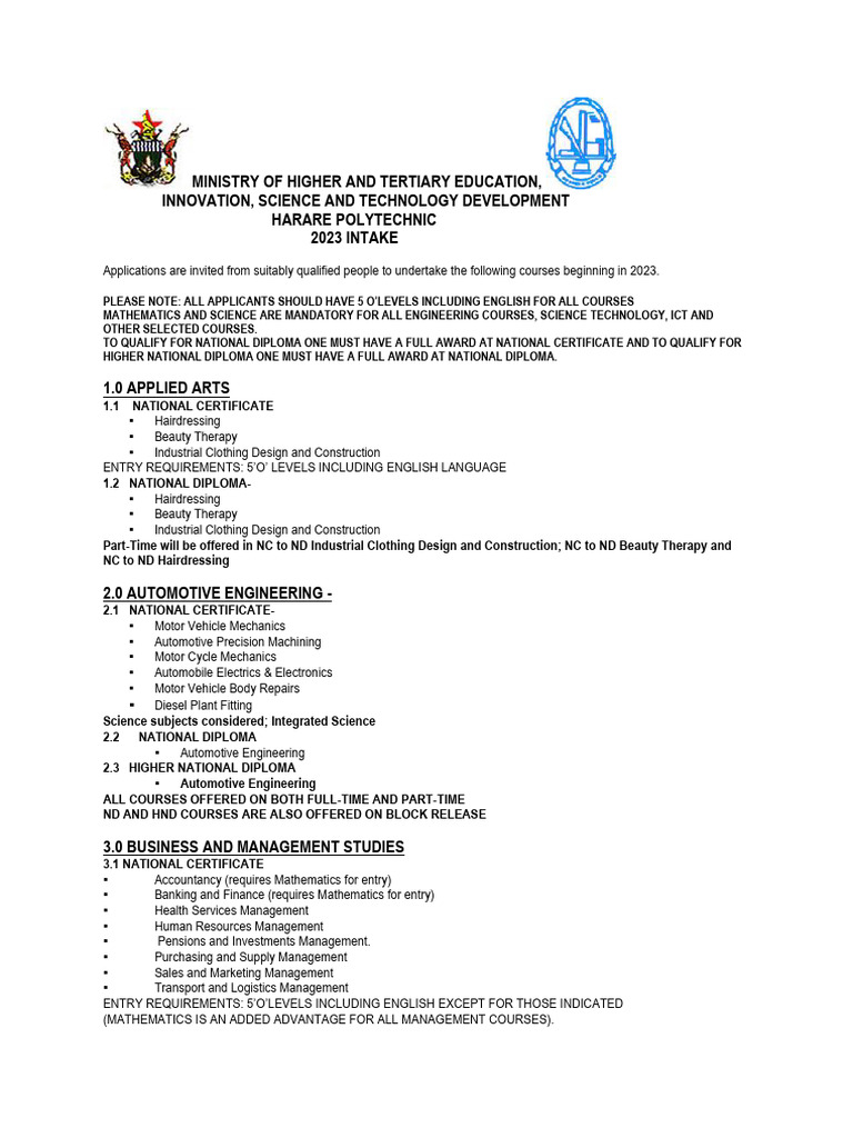 Harare Polytechnic 2023 Advert | PDF Harare Polytechnic 2023 Advert | PDF