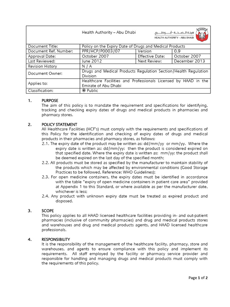 Drug Expiry Policy for Healthcare Facilities | PDF | Pharmacy | Health ...