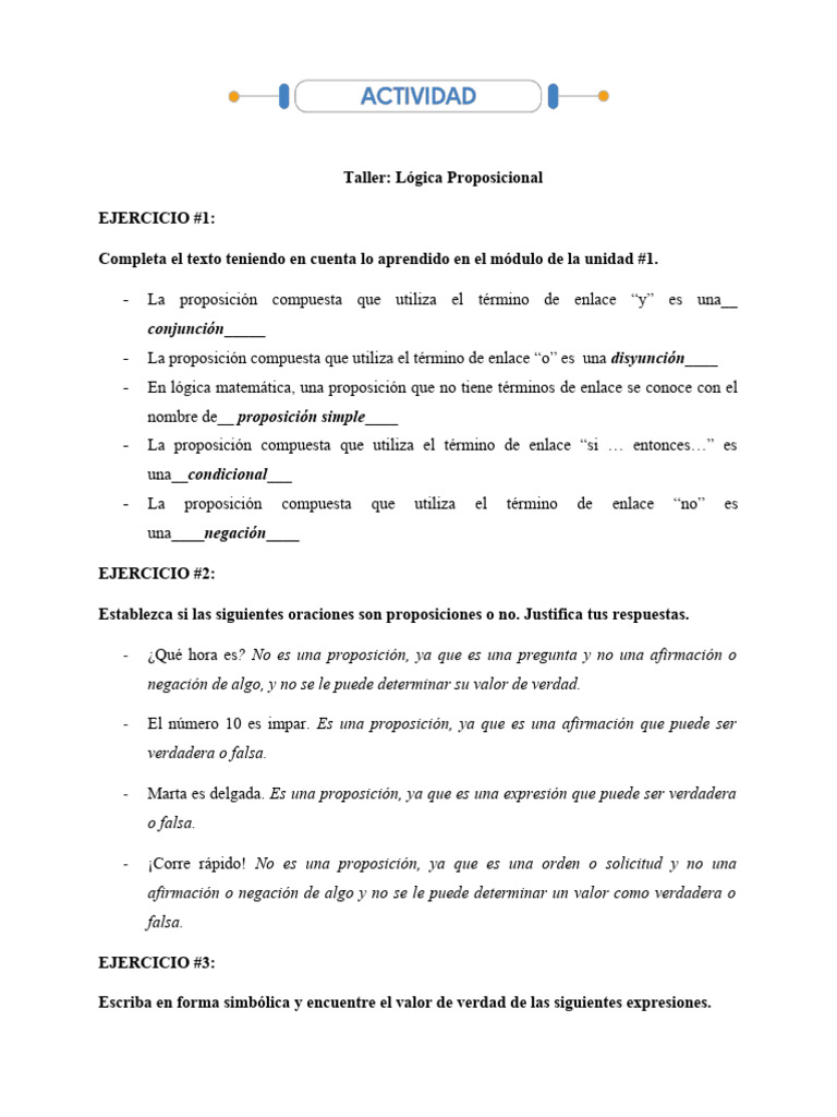 Taller Logica Proposicional | PDF | Proposición | Verdad