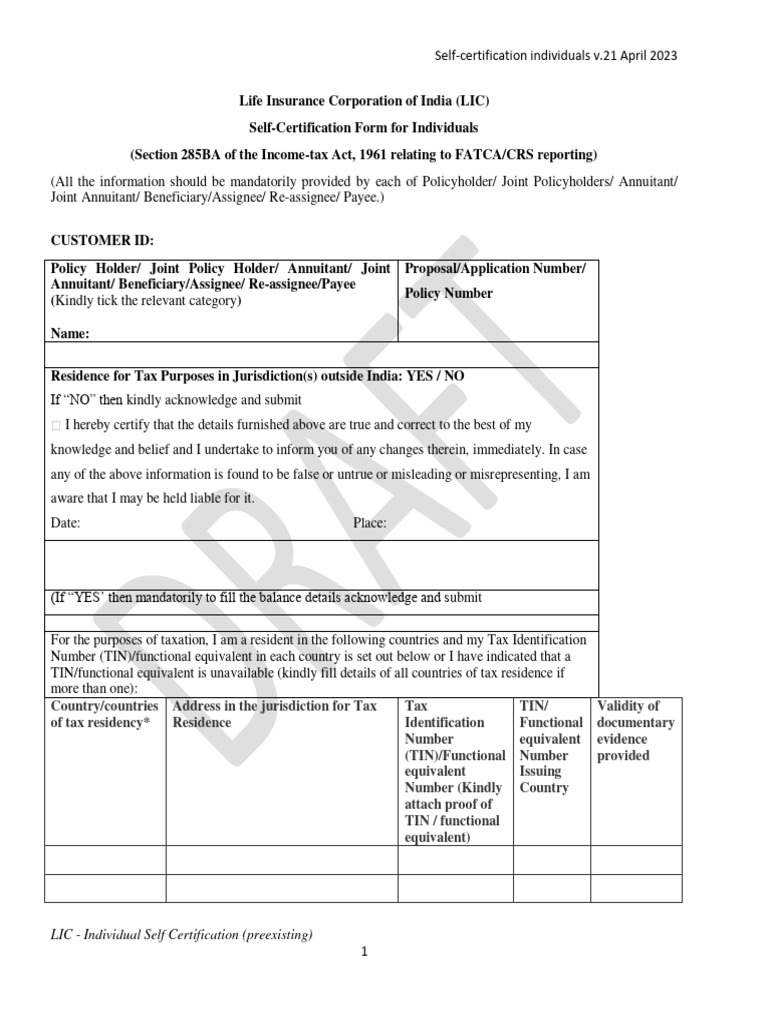 Final LIC Self Certfication Individuals 23 April 2023 | PDF | Identity ...