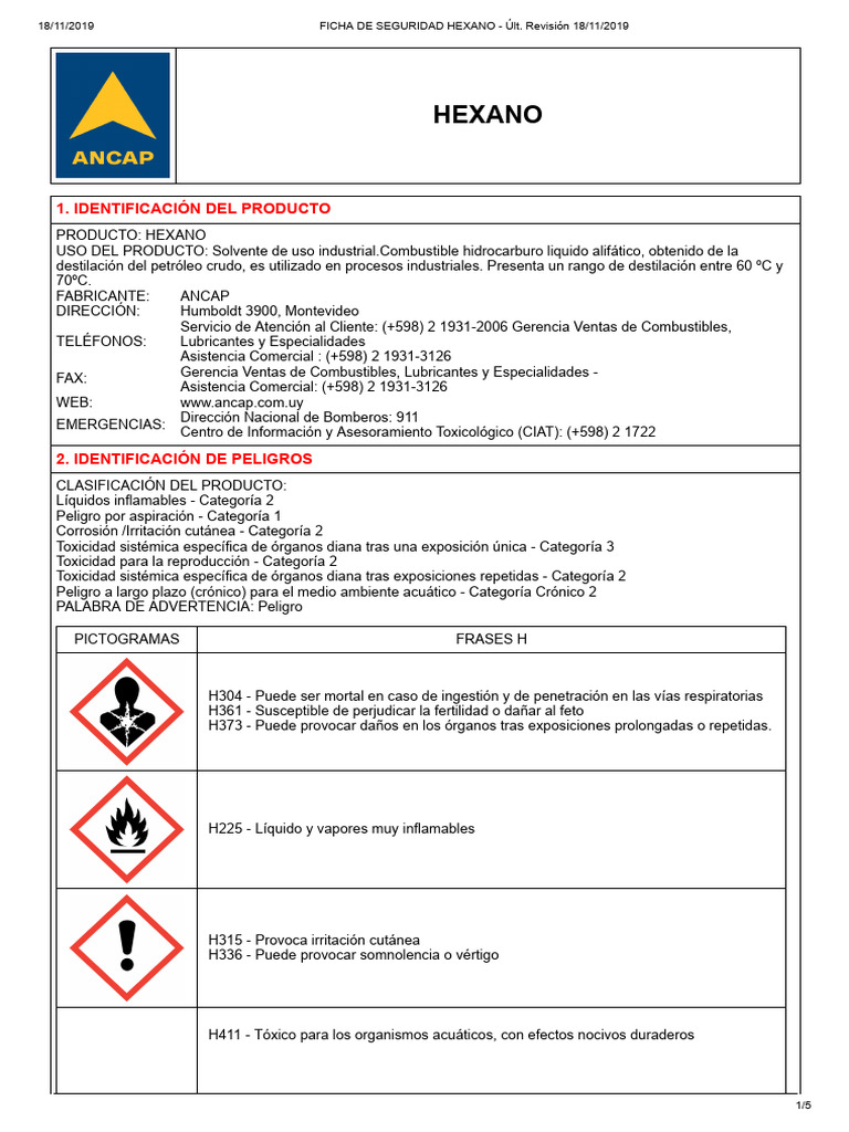 Ficha de Seguridad del Hexano | PDF