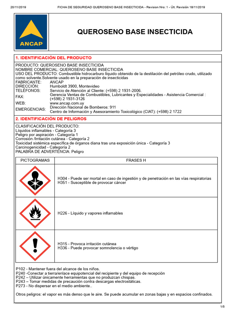 Ficha de Seguridad: Queroseno Insecticida | PDF | Agua | Queroseno