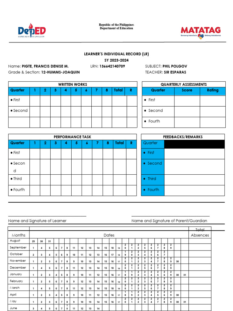 DepEd Individual Learner's Record (LR) SY 2023-2024 | PDF