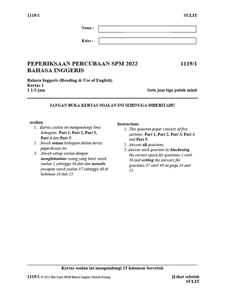 English - Kluang Trial SPM 2022 (Paper 1 - Reading) Questions | PDF