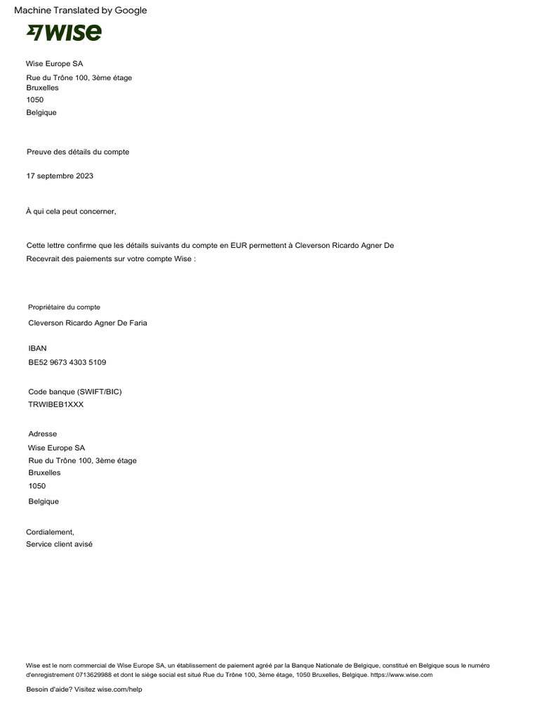 Confirmation de Compte Wise | PDF | Affaires | Finance et gestion monétaire