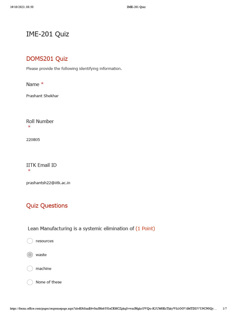 IME-201 Quiz-1 | PDF