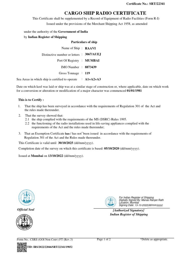 Cargo Ship Radio Certificate: (Authorized Signatory) Indian Register of ...