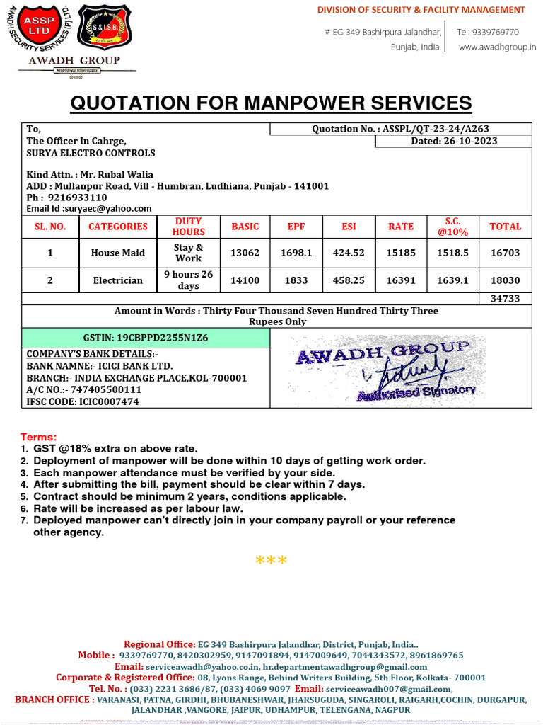 Quotation For Manpower Services: Sl. No. Categories Duty Hours Basic ...
