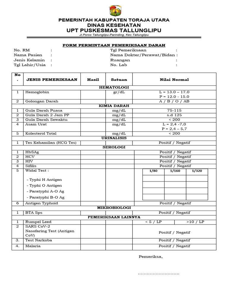 Formulir Cek Darah Lengkap Puskesmas | PDF