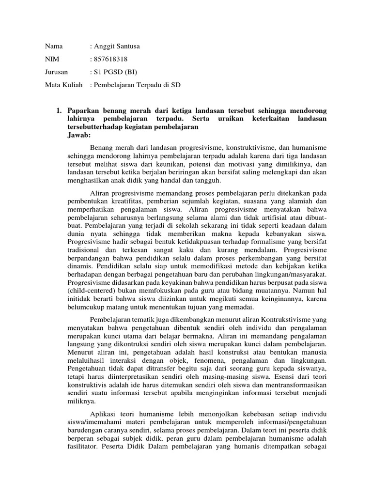 Anggit Santusa Nim 857618318 Tugas 1 Pembelajaran Terpadu Di SD | PDF