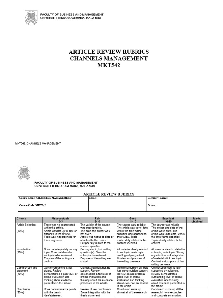 Article Review Rubrics - Farahnina & Khaizuran | PDF | Summation | Argument