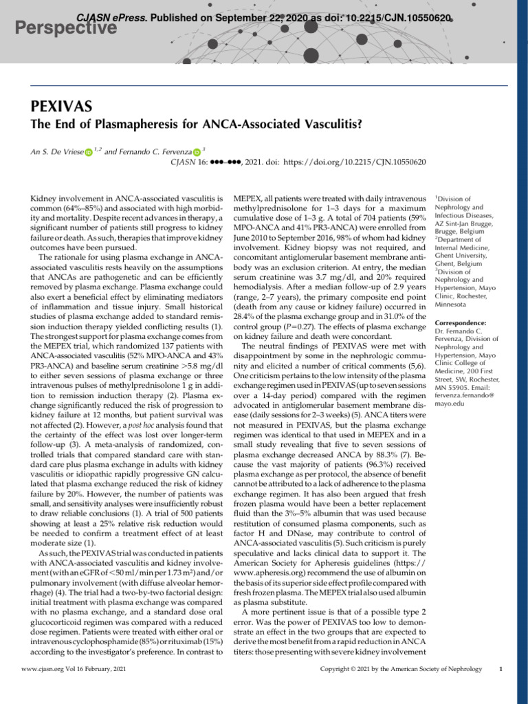 PEXIVAS The End of Plasmapheresis For ANCA-Associated Vasculitis ...