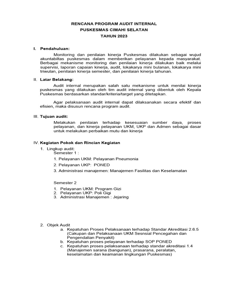 Rencana Audit Internal Puskesmas 2023 | PDF | Pengelolaan Keuangan ...