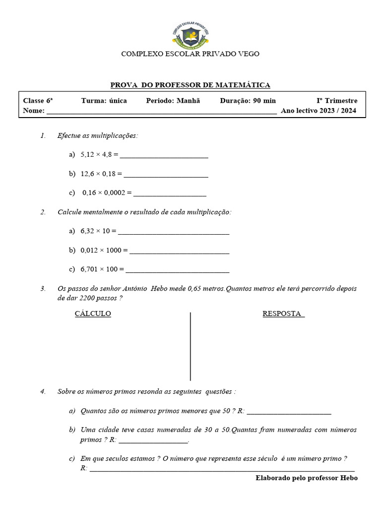 Prova de Mat - 6 Classe | PDF