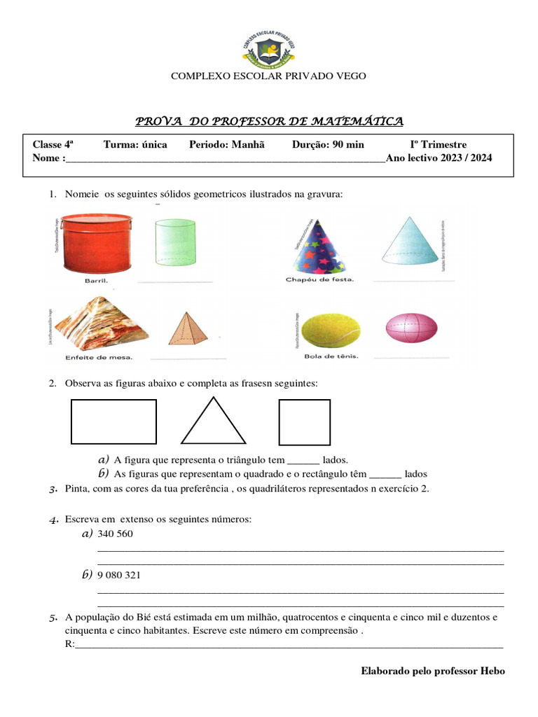 Prova de Mat - 4 Classe | PDF