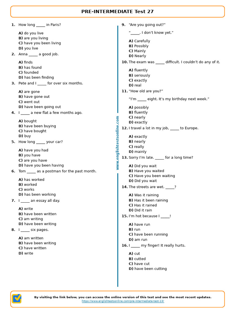 1210 - Pre Intermediate Test 27 | PDF