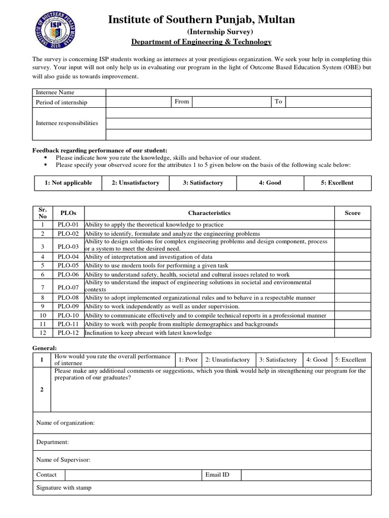 Internship Survey Form - F20 | PDF