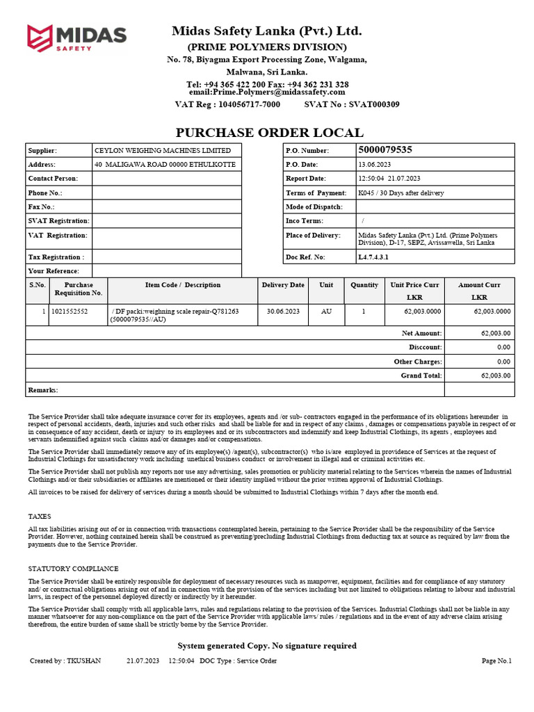 Midas Safety Lanka (PVT.) LTD.: (Prime Polymers Division) | PDF | Taxes ...