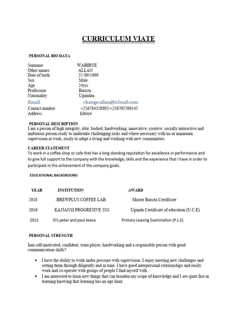 Curriculum Viate: Personal Bio Data | PDF | Drink | Coffee