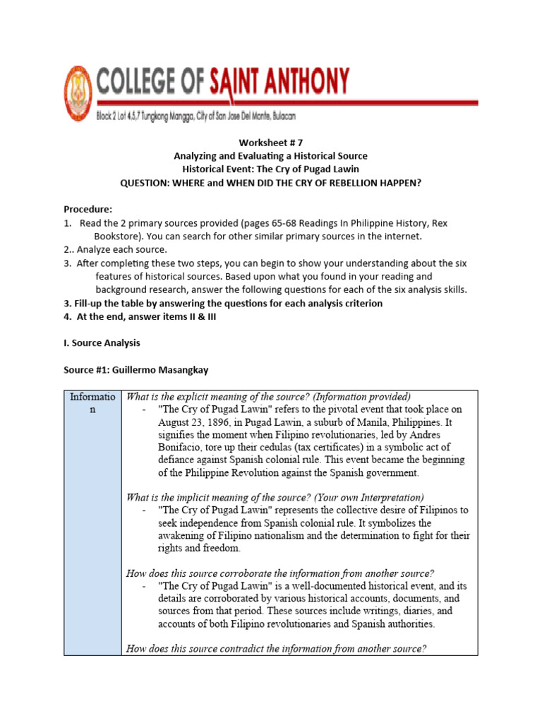 Worksheet #7 - Source Analysis & Evaluation | PDF | Philippines