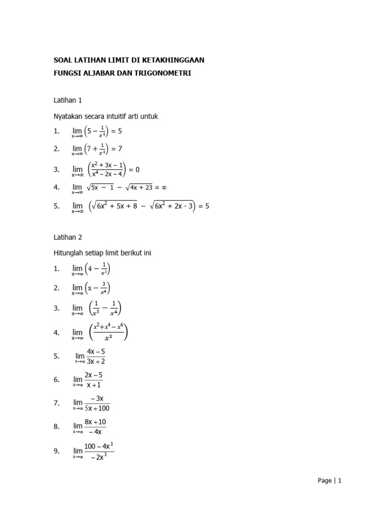 Soal Latihan Limit Di Ketakhinggaan | PDF