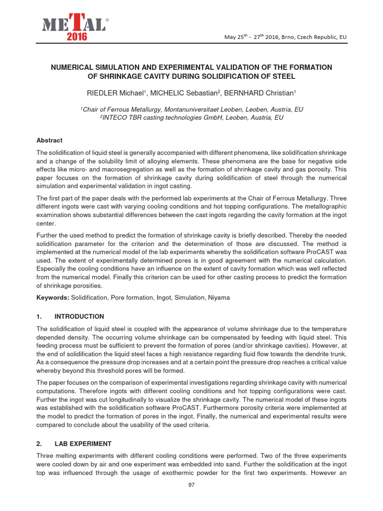 1729 Numerical Simulation and Experimental Validation of The Formation of Shrinkage Cavity ...